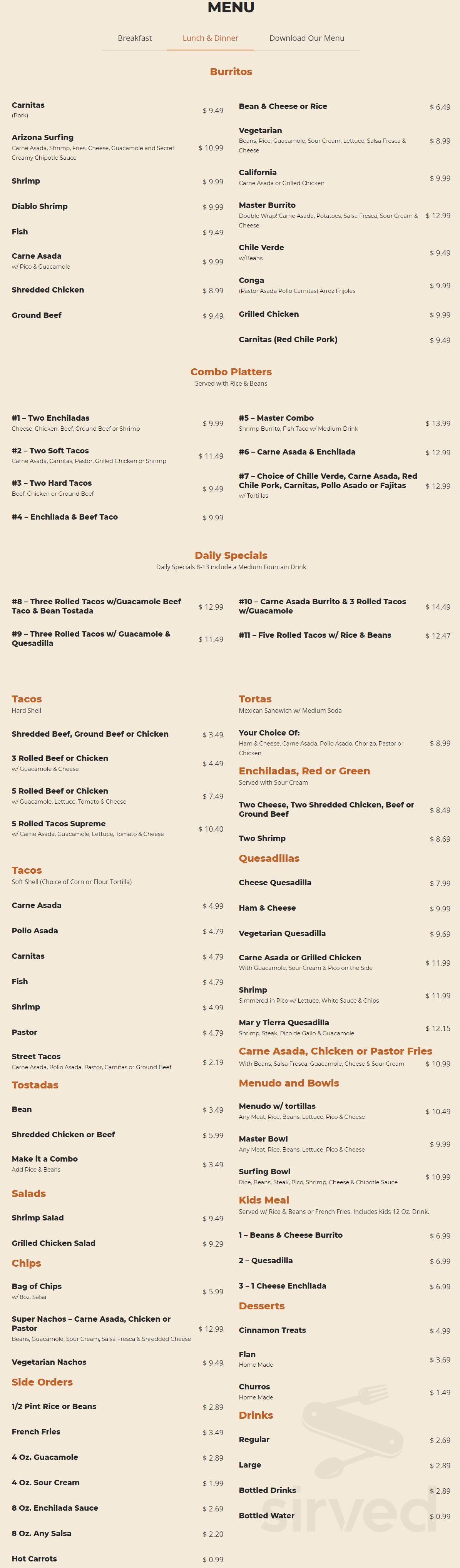 Master taco Tempe menu in Tempe, Arizona, USA