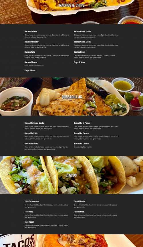 Tacos Calafia menu in Phoenix, Arizona, USA