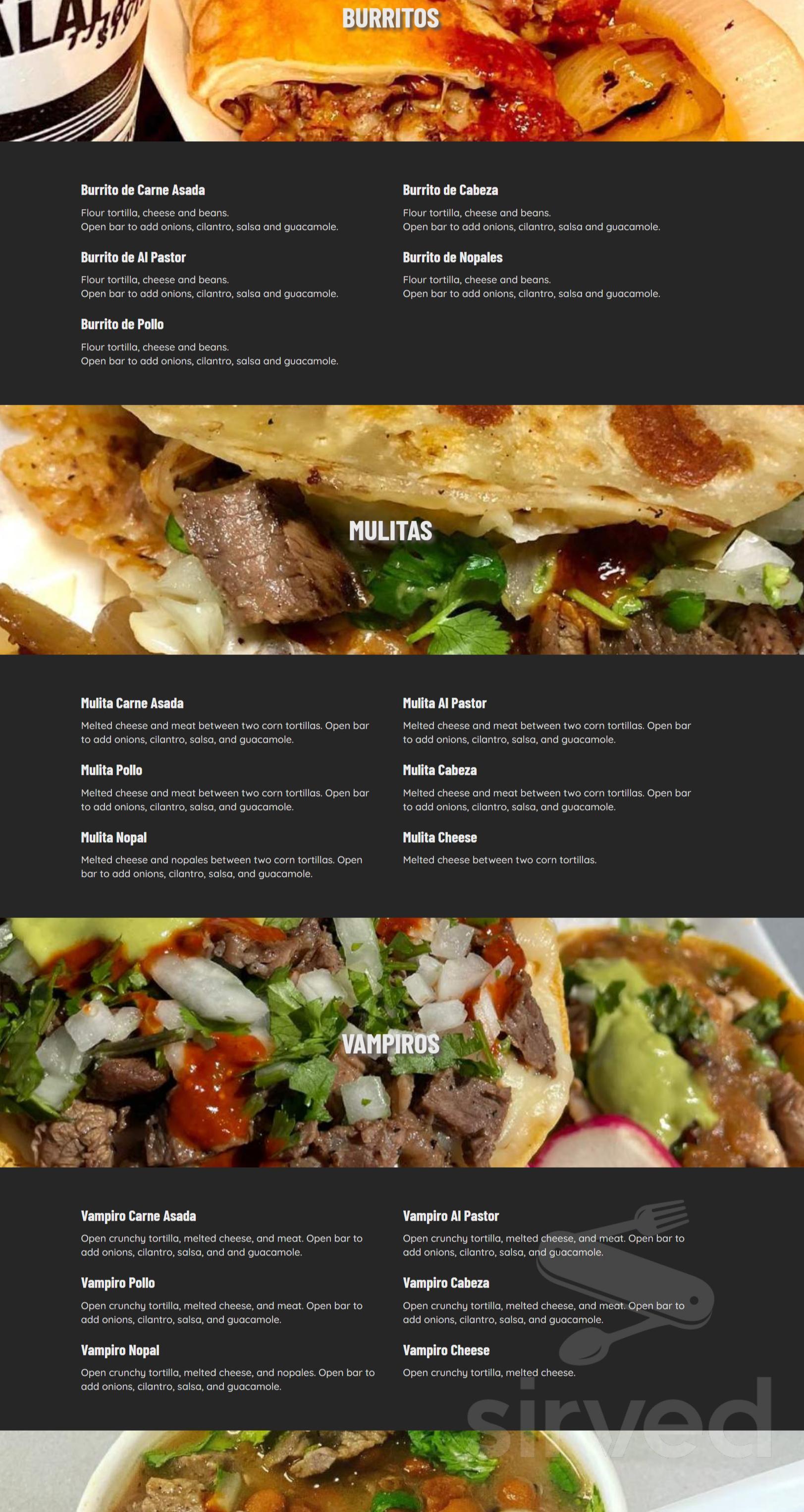 Tacos Calafia menu in Tempe, Arizona, USA