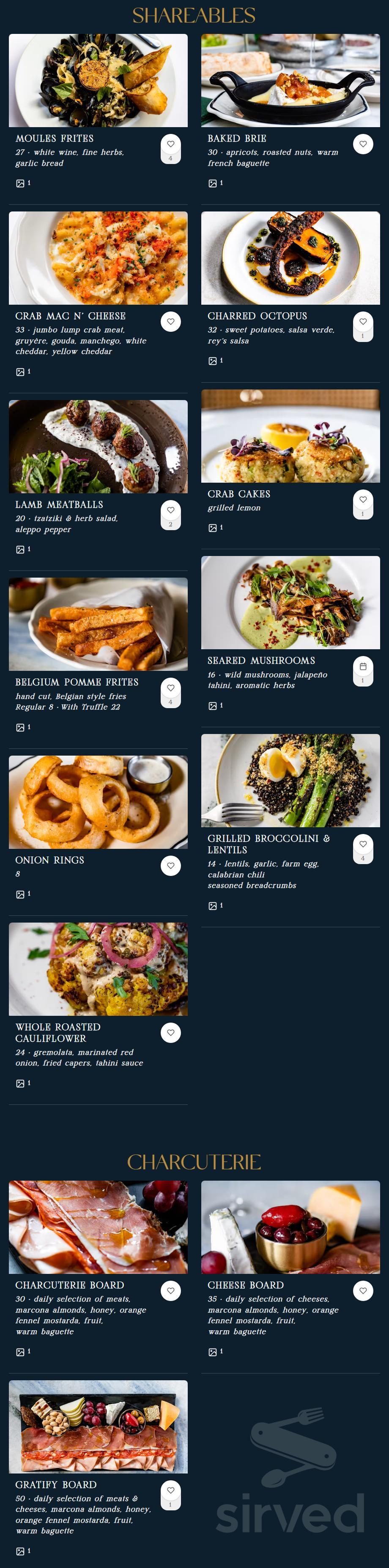 Gratify menu in Houston, Texas, USA