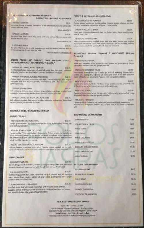 Pollos & Jarras menu in Miami Beach, Florida, USA