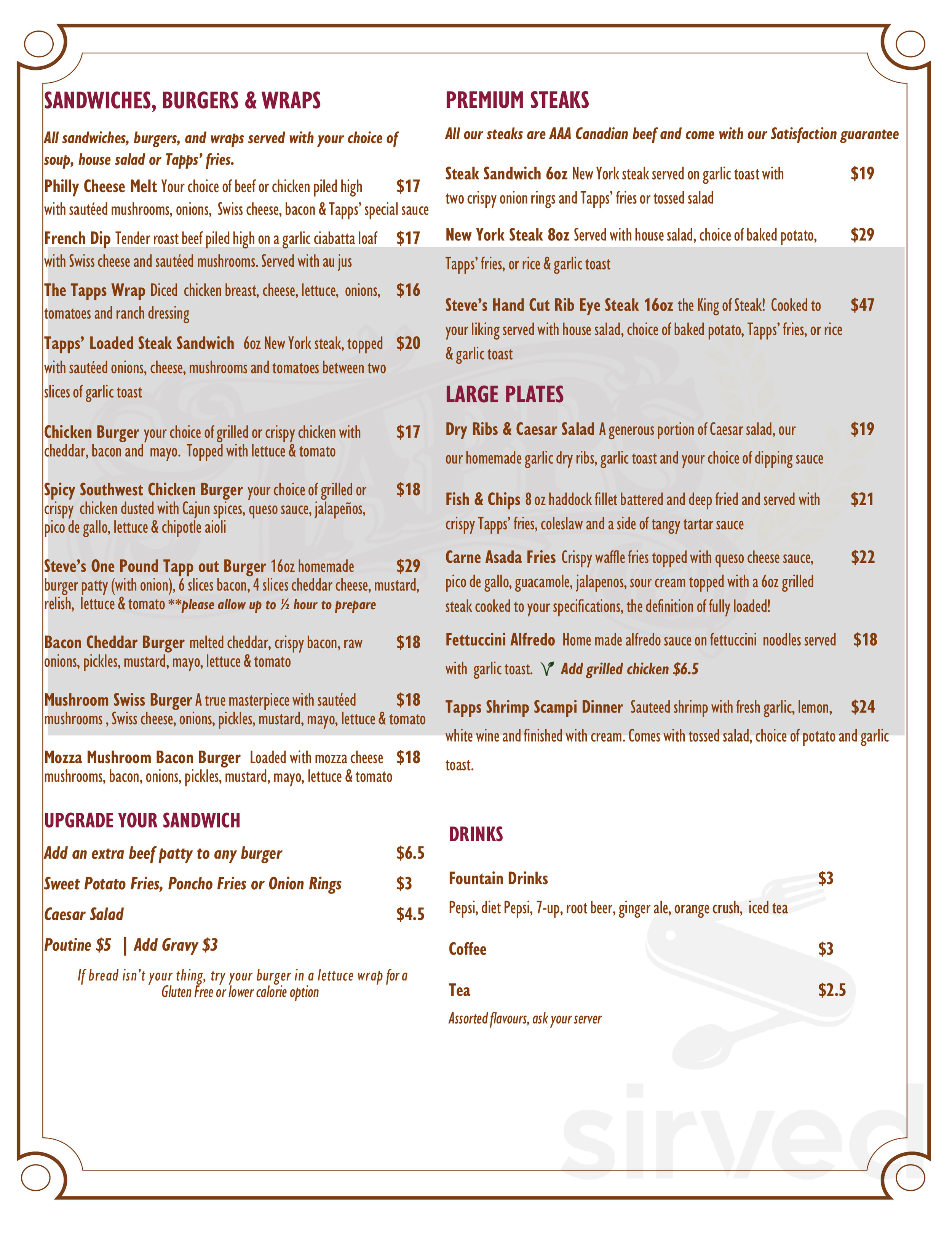 Tapps Sports Lounge & Grill menus in Yorkton, Saskatchewan, Canada