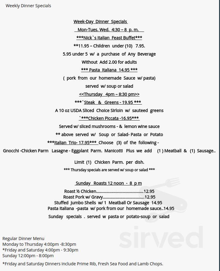 Menu for Nick's Sea Breeze Inn in Rochester, NY | Sirved