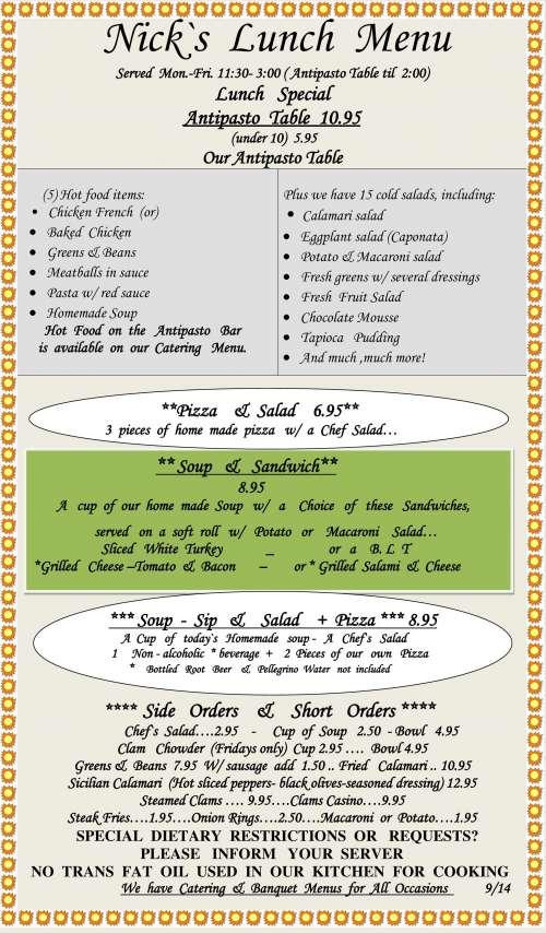 Nick's Sea Breeze Inn menu in Rochester, New York, USA