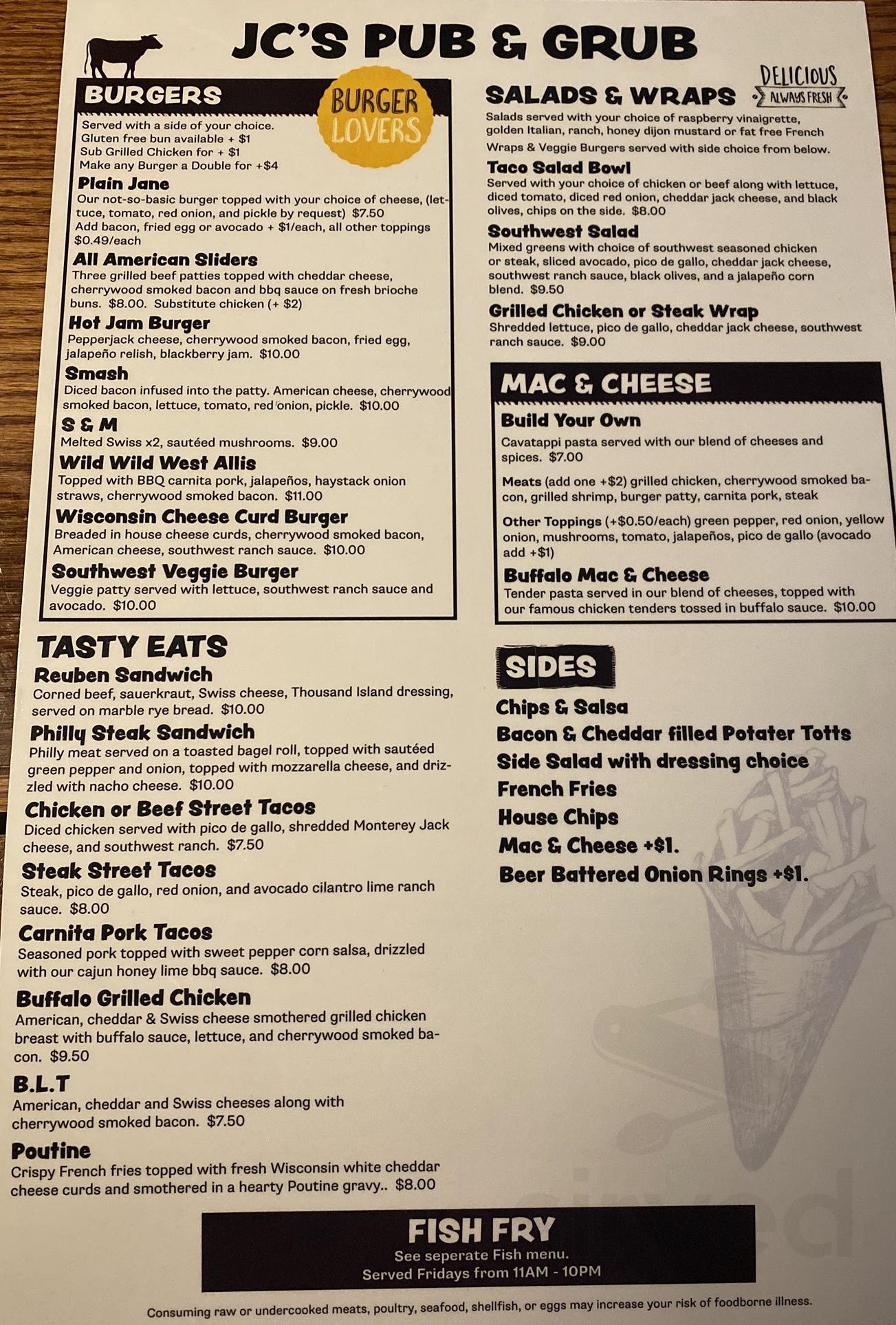 JC's Pub and Grub menu in West Allis, Wisconsin, USA