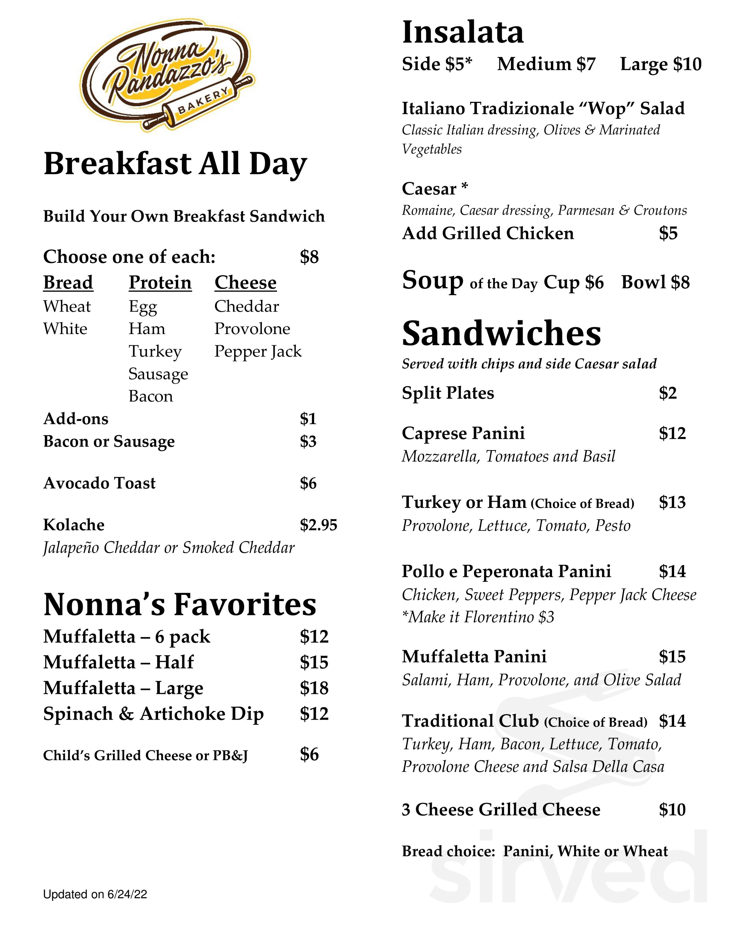 Nonna Randazzo's Bakery menu in Covington, Louisiana, USA
