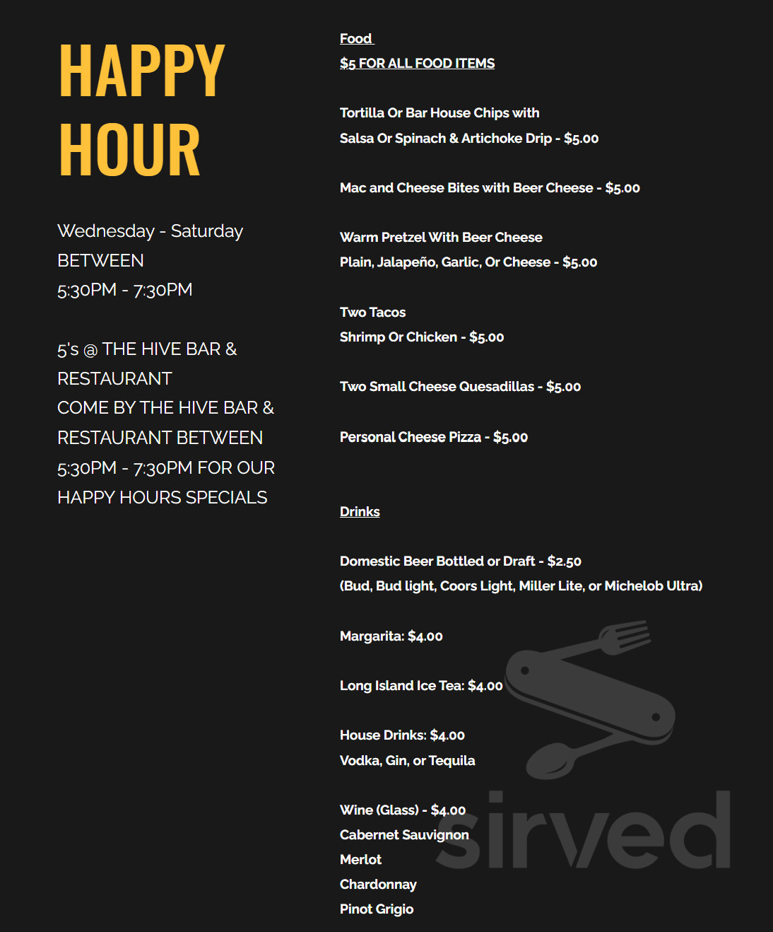 The Hive Bar and Restaurant menu in New Britain, Connecticut, USA