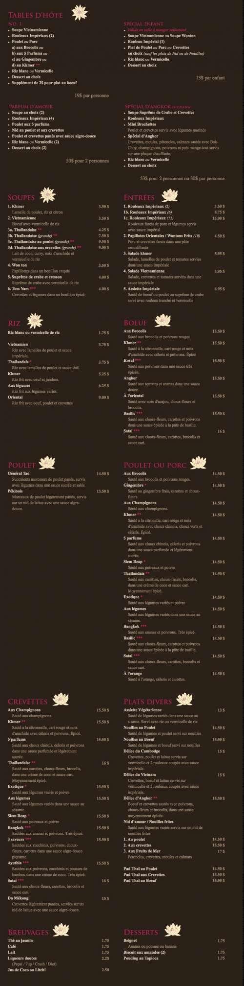 Lotus D'Angkor menu in Québec, Quebec, Canada