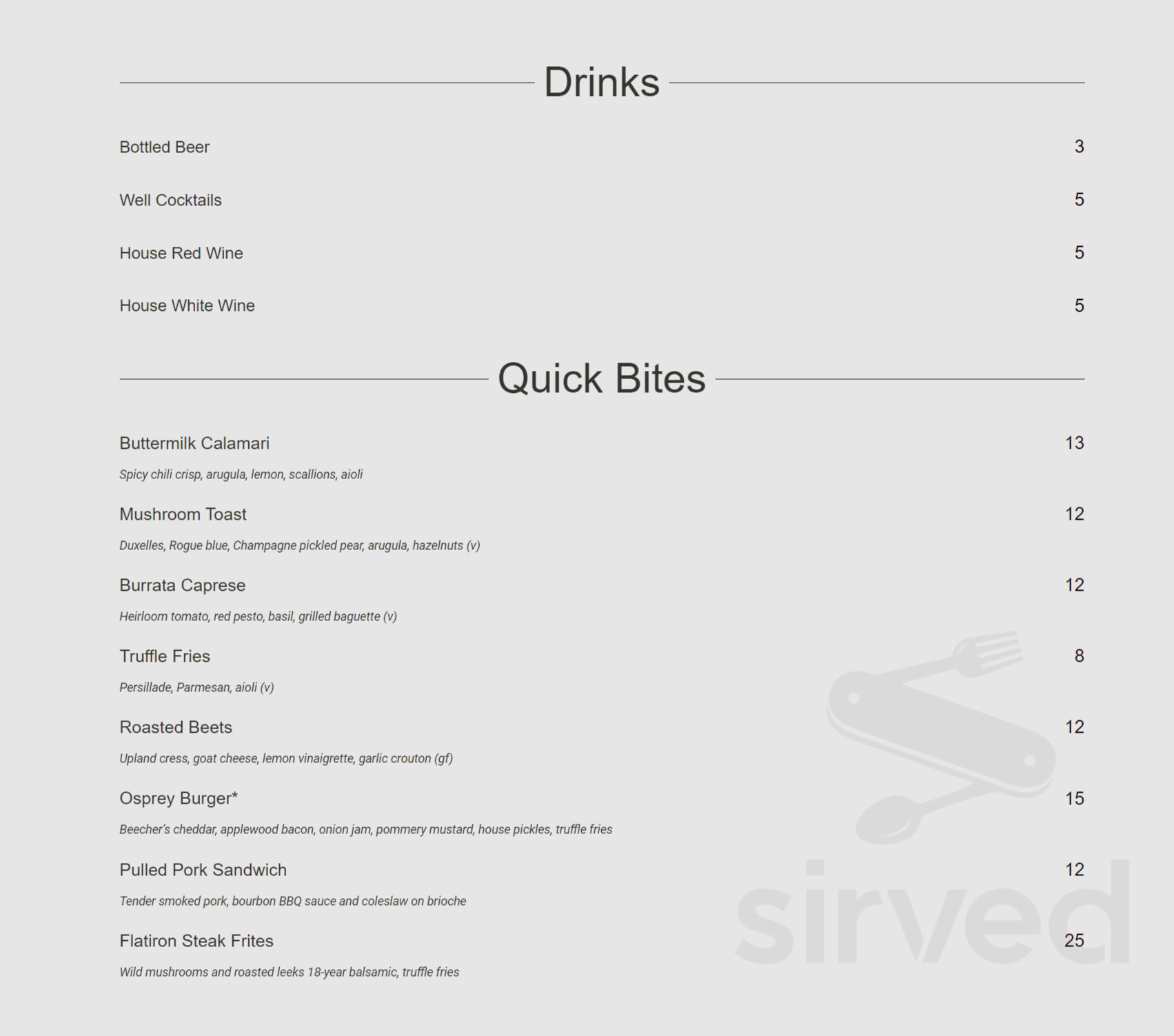 Menu for Osprey Restaurant & Bar in Spokane, WA | Sirved
