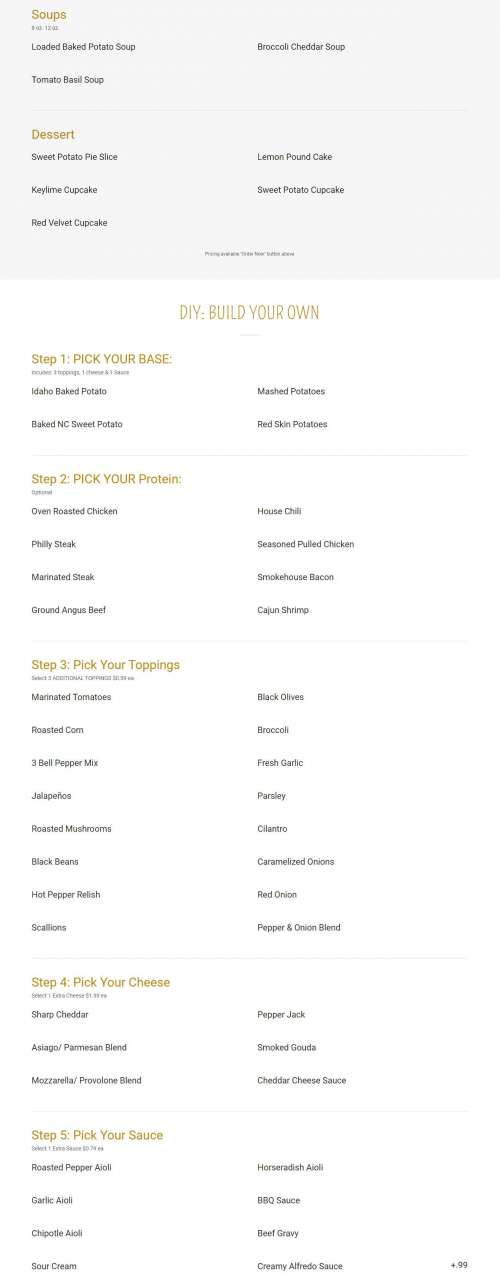 Spudz menu in Locust Grove, Georgia, USA