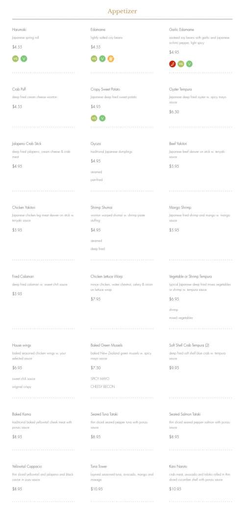 UMI Japanese Steakhouse and Sushi Bar menu in Manhattan, Kansas, USA