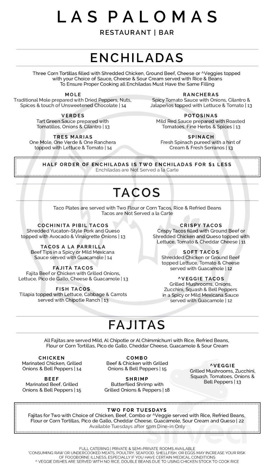 Menu for Las Palomas Restaurant & Bar in Austin, Texas, United States
