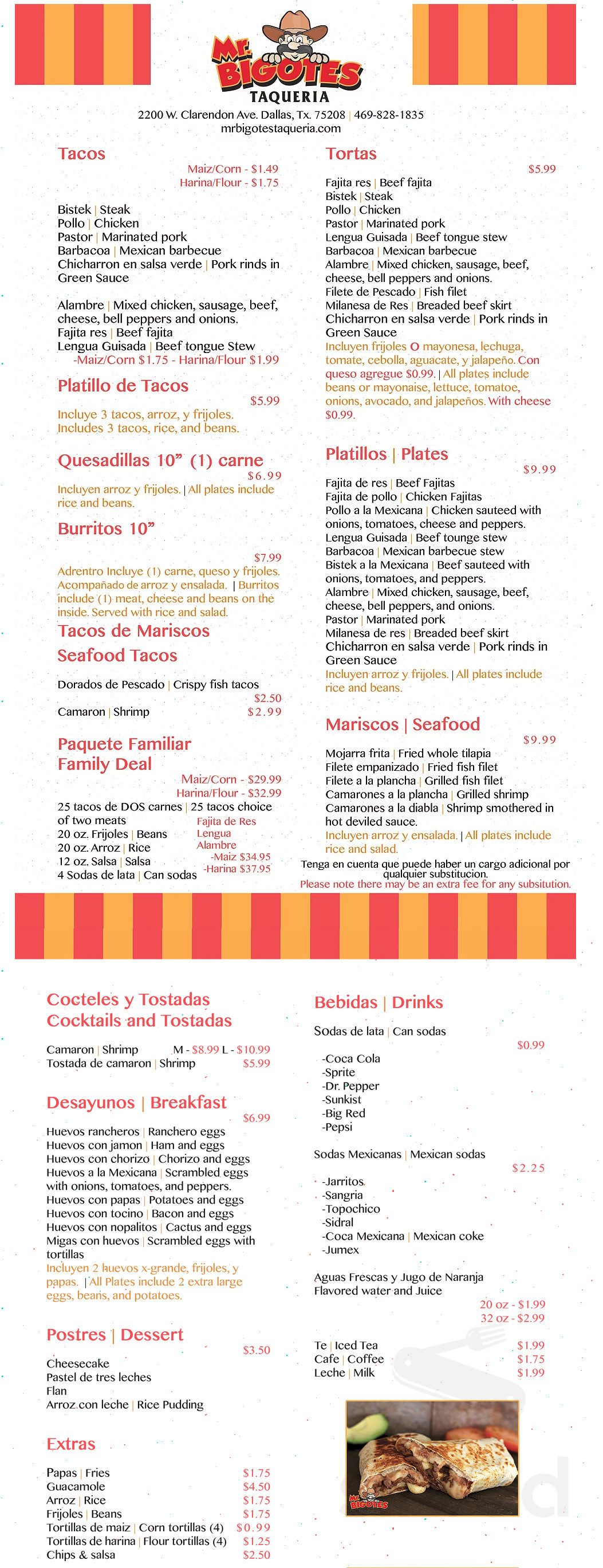Mr. Bigotes Taqueria menu in Dallas, Texas, USA