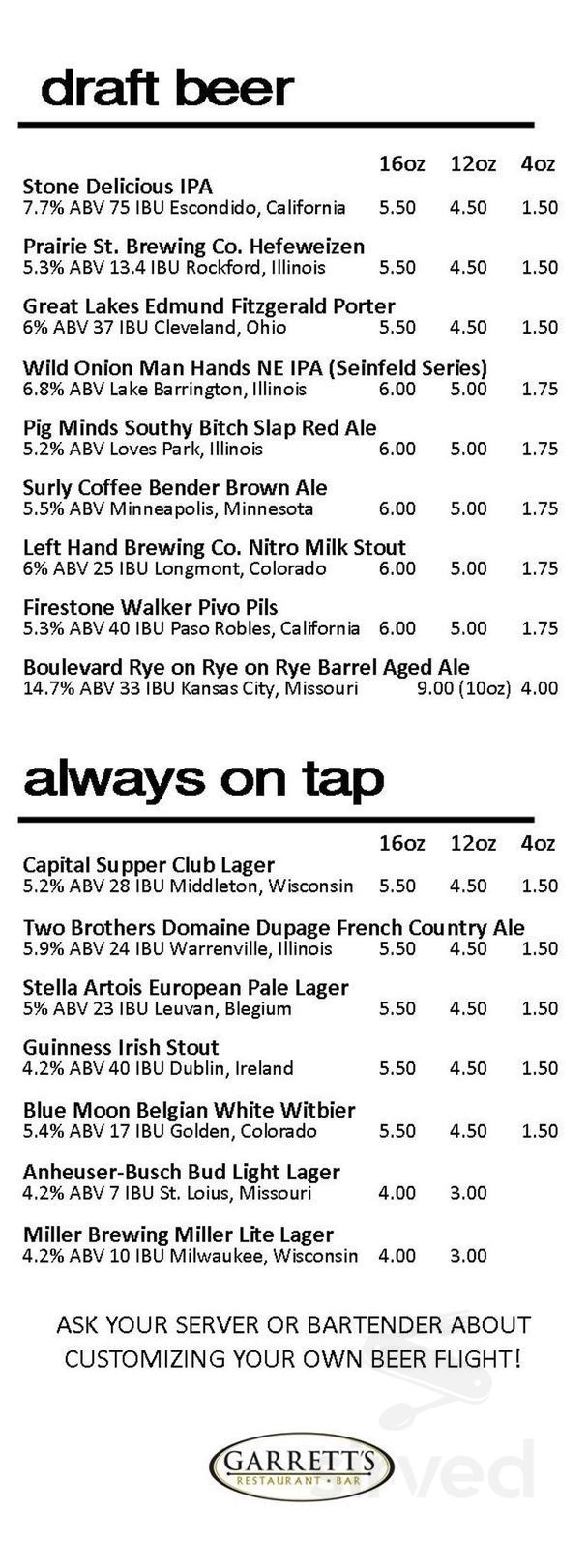 Garrett's Restaurant and Bar menus in Rockford, Illinois, United States