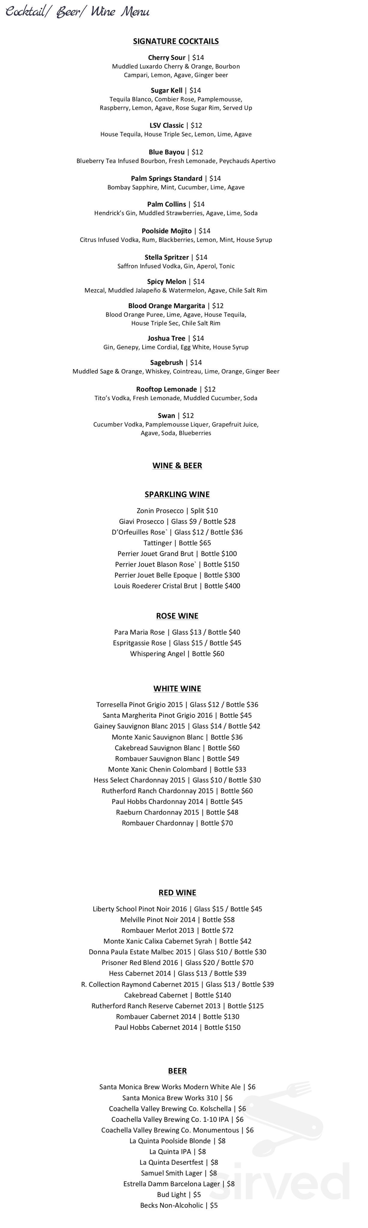 Azúcar Restaurant and Bar menu in Palm Springs, California, USA