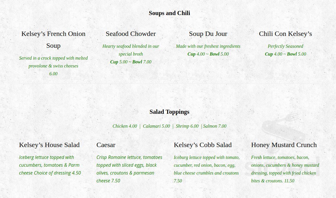 Kelsey's menu in Ashley, Pennsylvania, USA