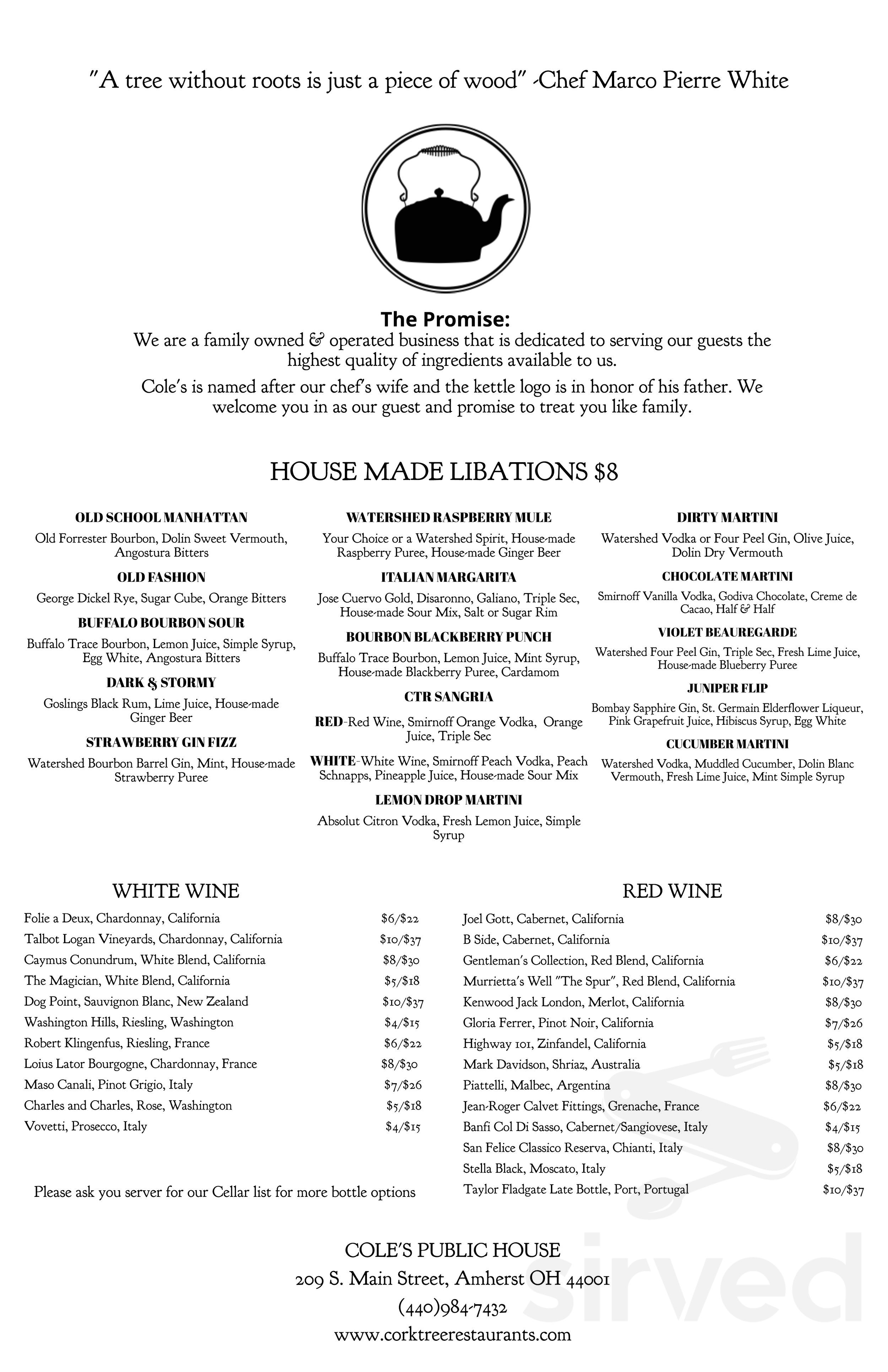 Menu for Cole's Public House in Amherst, OH | Sirved