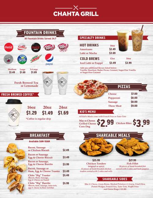 Chahta Grill menu in Talihina, Oklahoma, USA