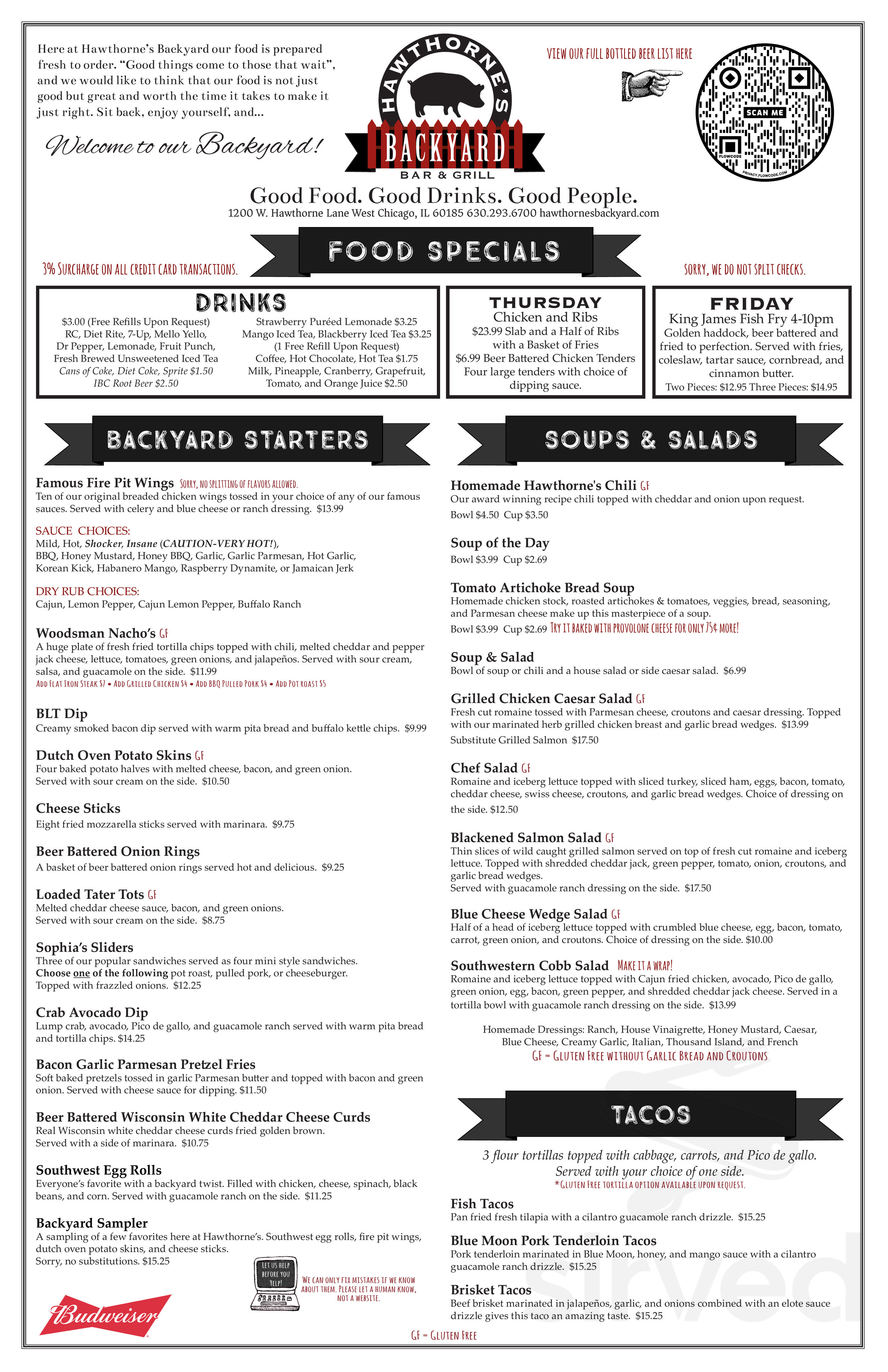 Hawthorne's Backyard menu in West Chicago, Illinois, USA