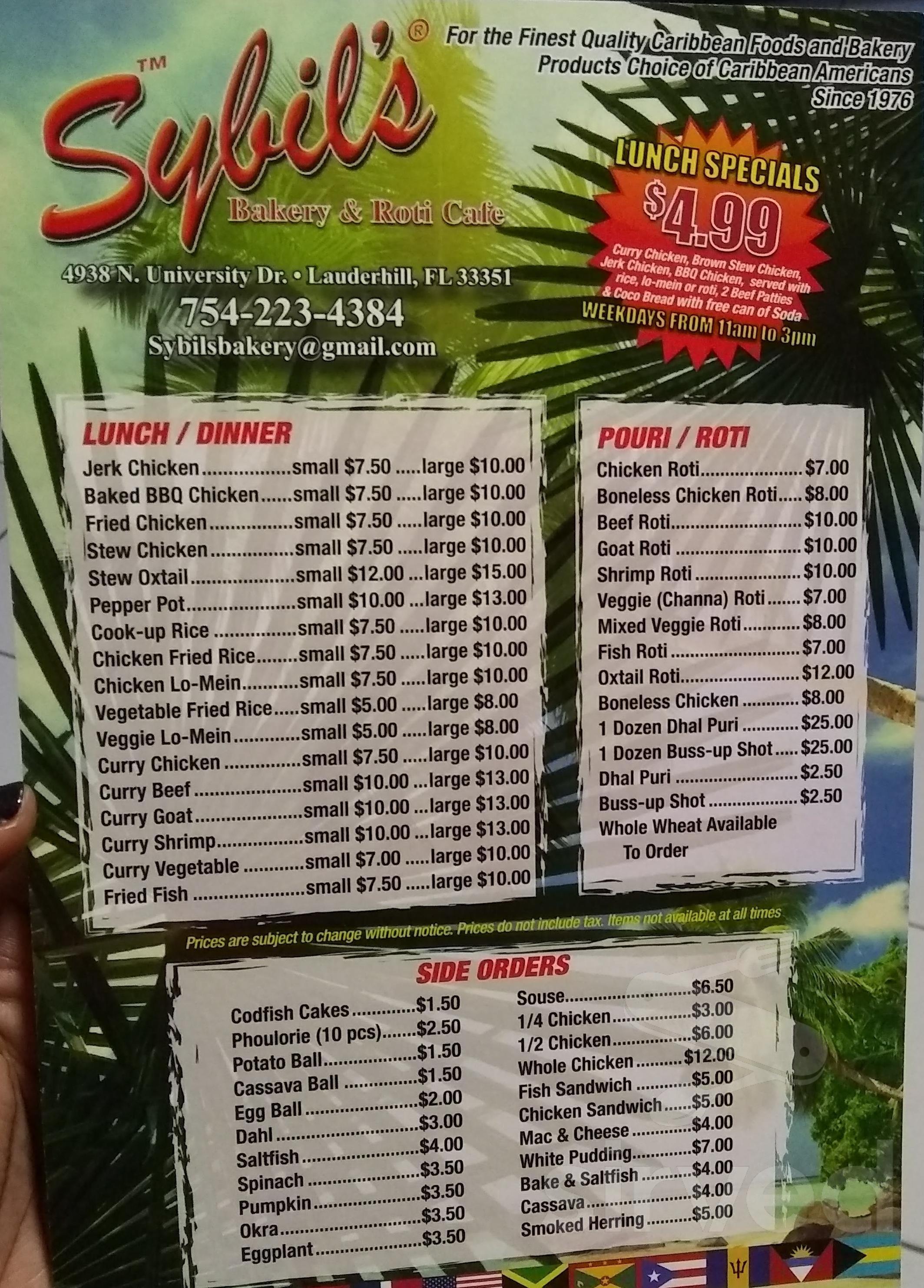Sybil's Bakery menu in Lauderhill, Florida, USA