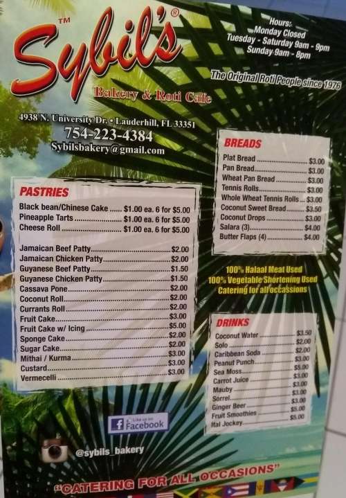 Sybil's Bakery menu in Lauderhill, Florida, USA