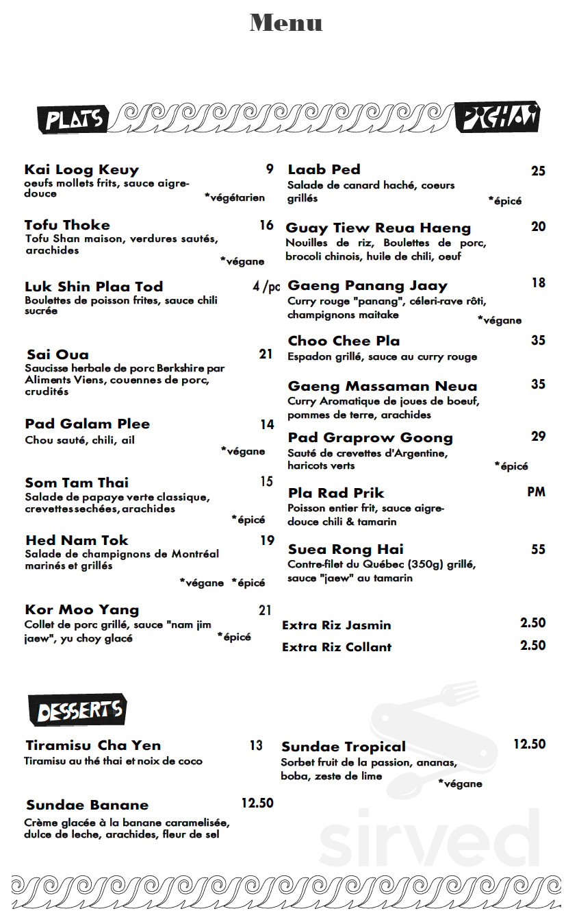 Menu for Pichai in Montréal, QC | Sirved