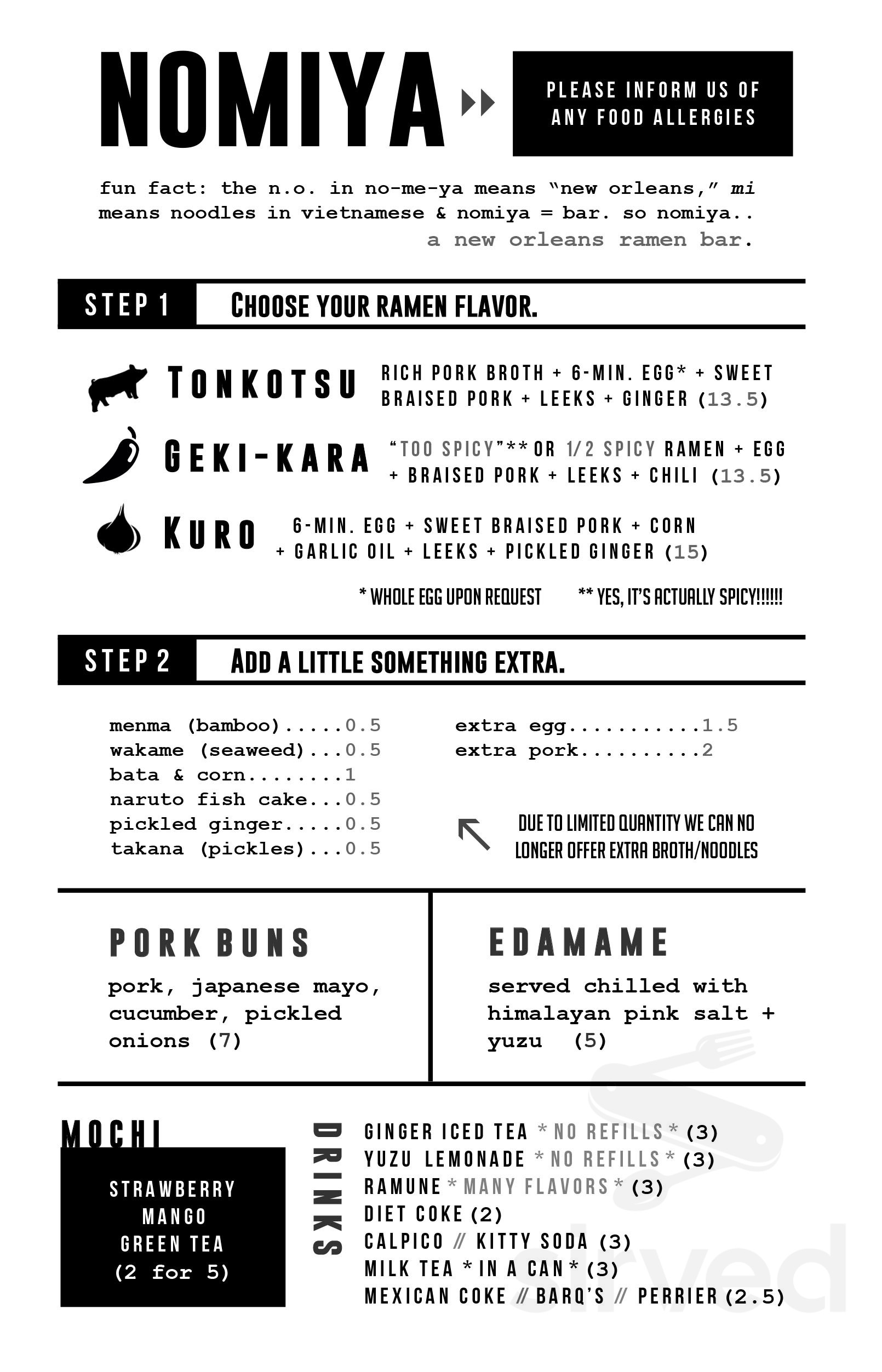 Nomiya menu in New Orleans, Louisiana, USA