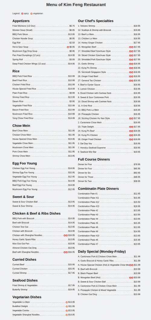 Kim Feng Restaurant menu in Dartmouth, Nova Scotia, Canada