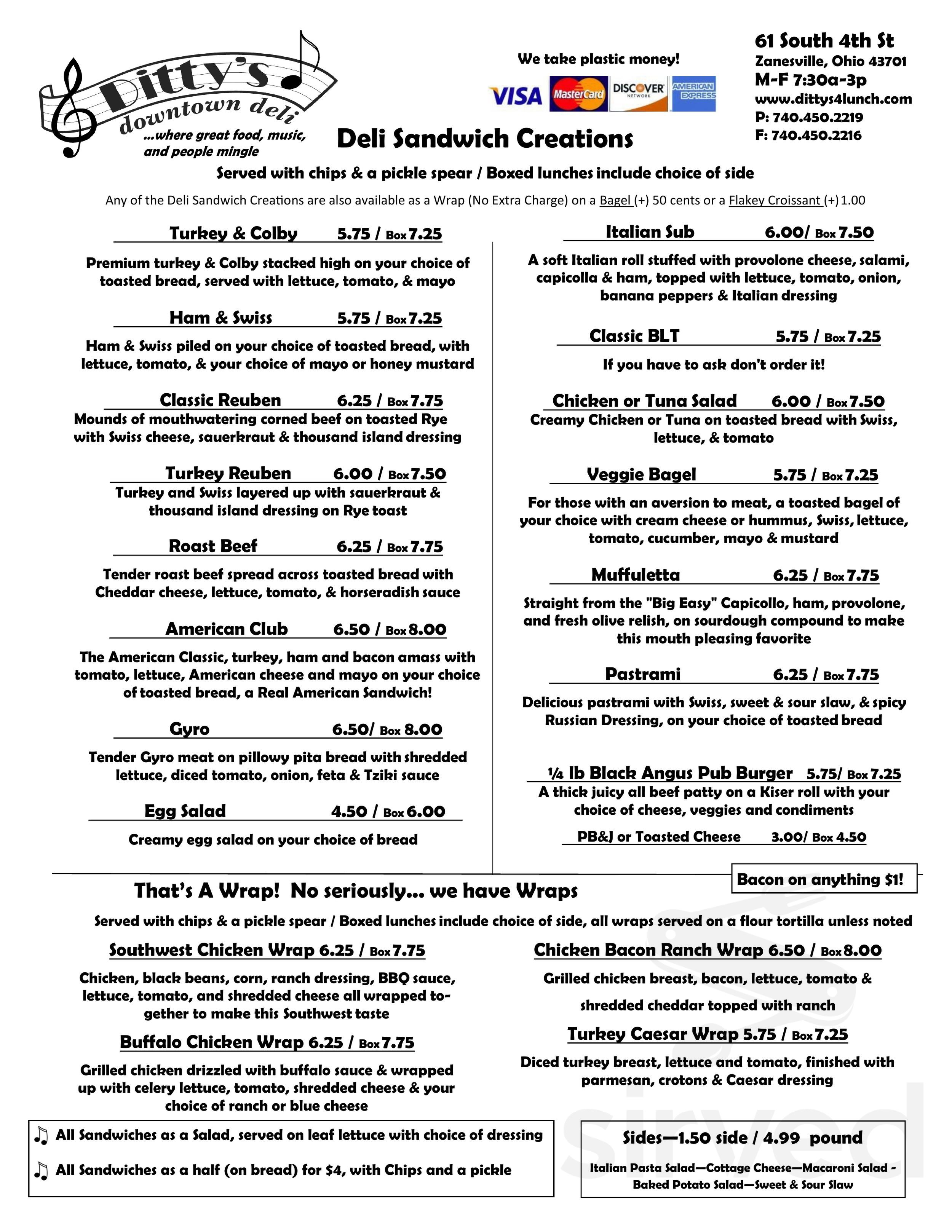 Menu for Ditty's Downtown Deli in Zanesville, OH | Sirved