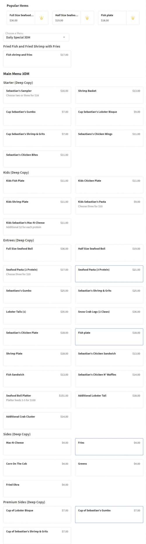 Sebastian's Southern Crab menu in Omaha, Nebraska, USA