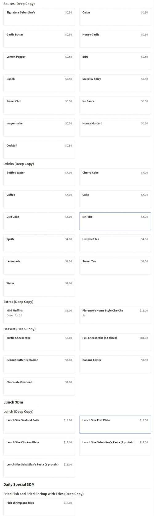 Sebastian's Southern Crab menu in Omaha, Nebraska, USA