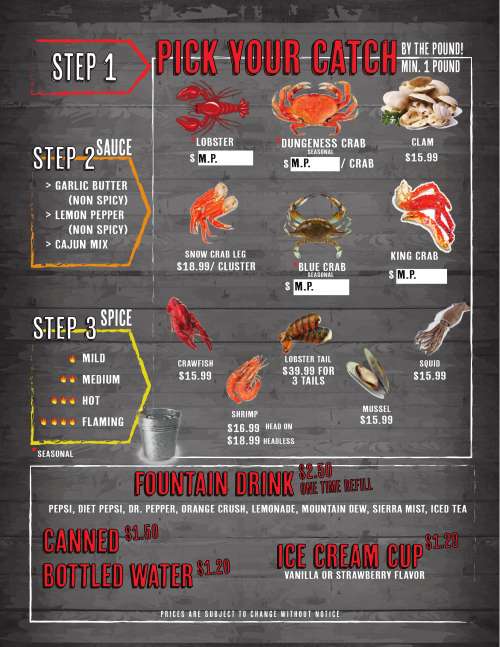 The Captain Crab menu in Lakewood, Washington, USA
