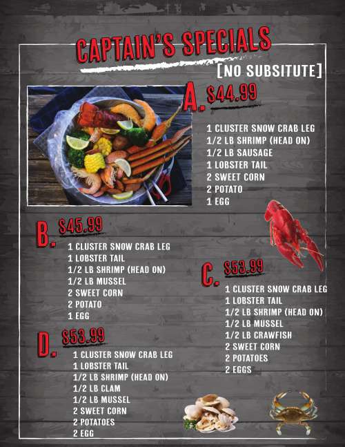 The Captain Crab menu in Lakewood, Washington, USA