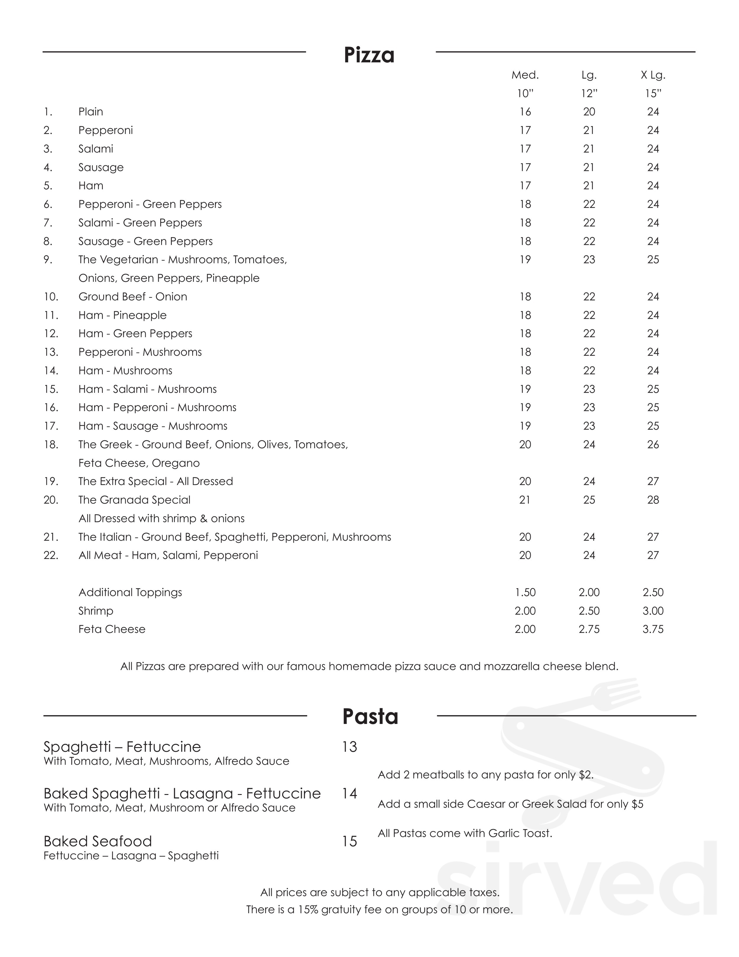 Granada House menus in Saskatoon, Saskatchewan, Canada
