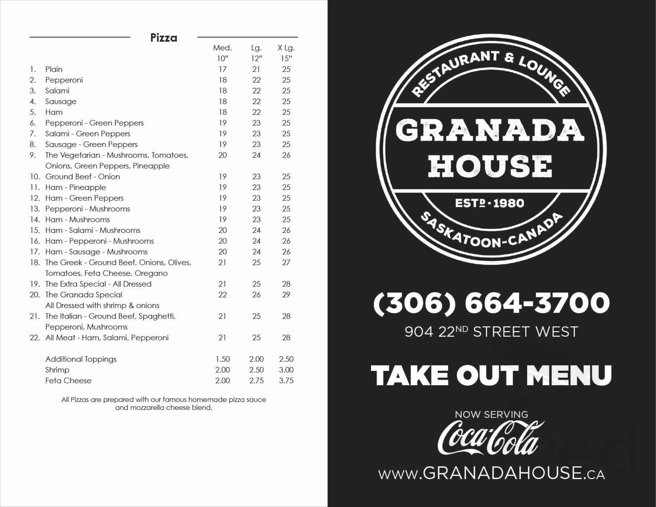 Granada House menu in Saskatoon, Saskatchewan, Canada