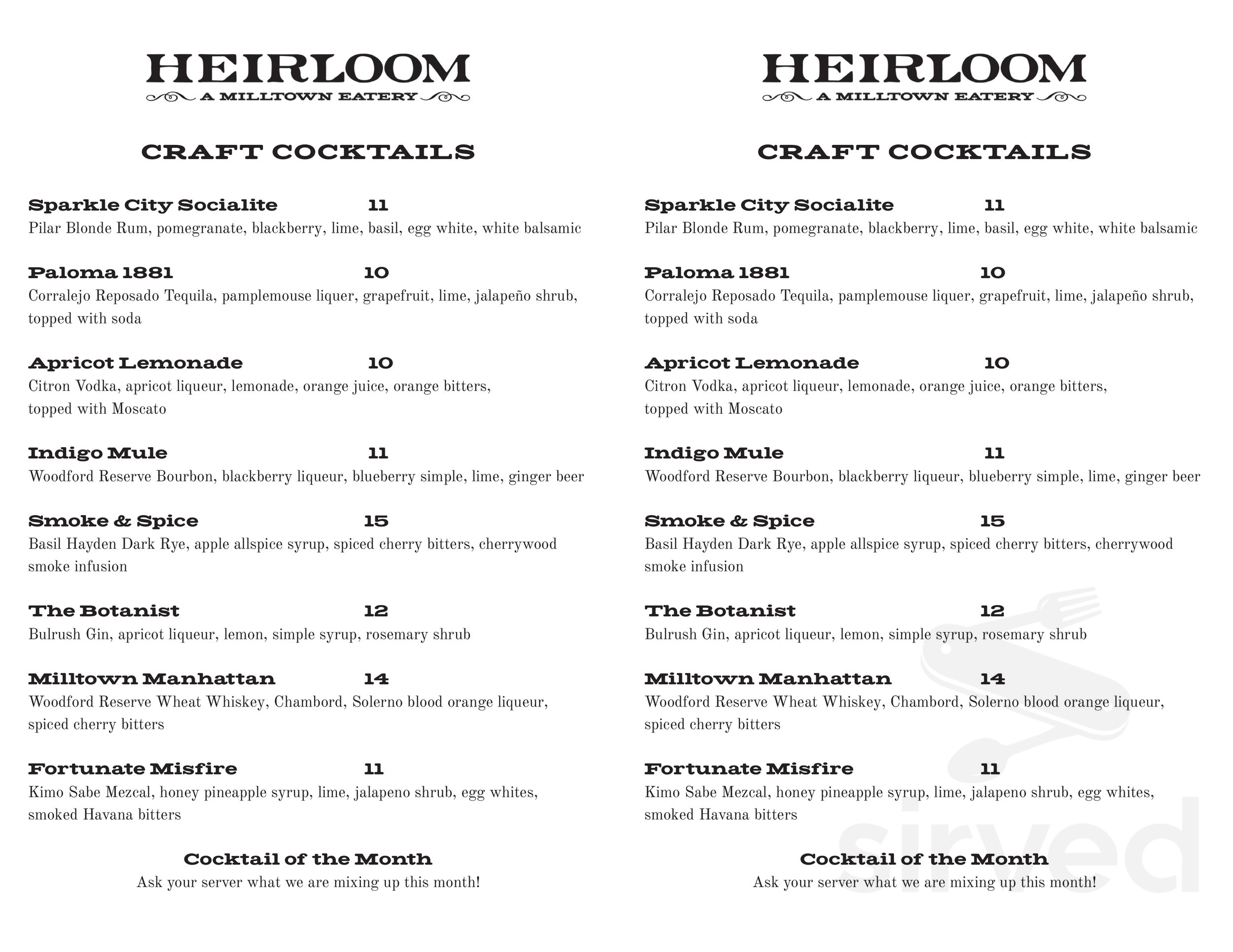 Heirloom - A Milltown Eatery menu in Spartanburg, South Carolina, USA