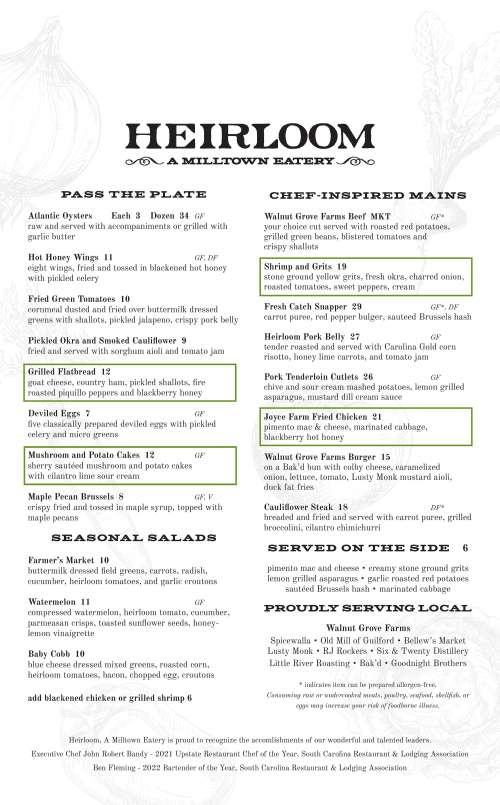 Heirloom - A Milltown Eatery menu in Spartanburg, South Carolina, USA