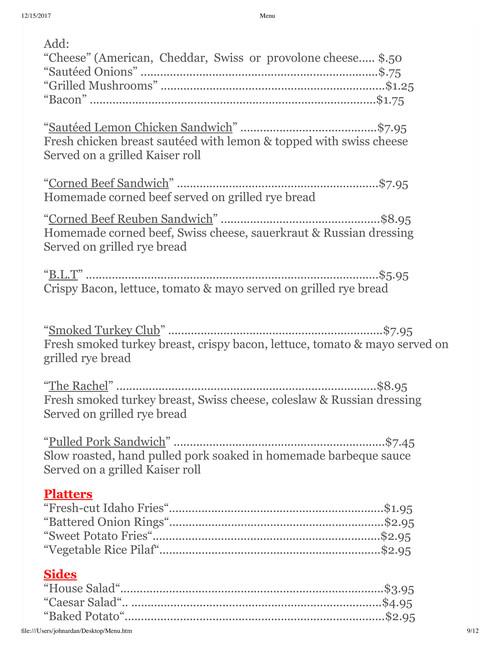 Jiggs McAllister's Music Saloon menu in Butler, New Jersey, USA