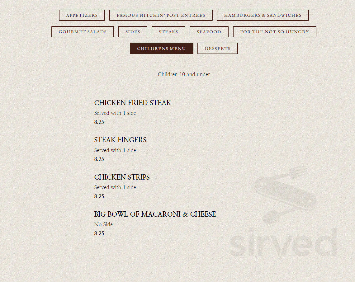 Hitchin' Post Steakhouse menu in Fredericksburg, Texas, USA