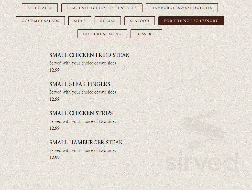 Hitchin' Post Steakhouse menu in Fredericksburg, Texas, USA