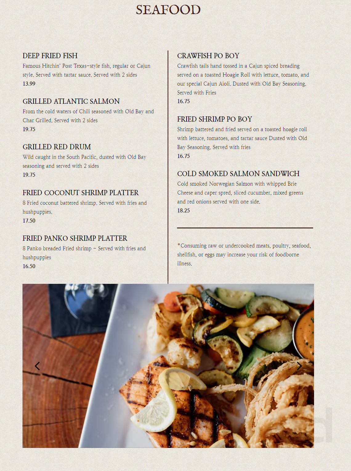 Hitchin' Post Steakhouse menu in Fredericksburg, Texas, USA