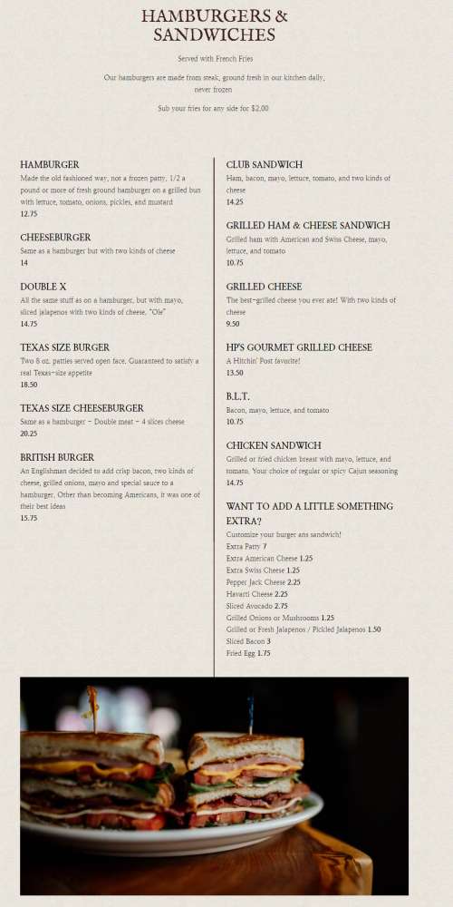 Hitchin' Post Steakhouse menu in Fredericksburg, Texas, USA