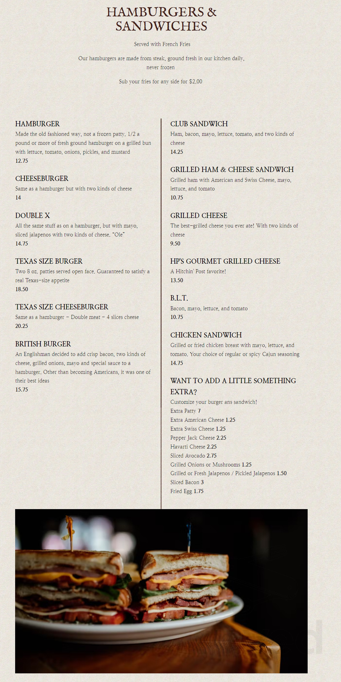 Hitchin' Post Steakhouse menu in Fredericksburg, Texas, USA