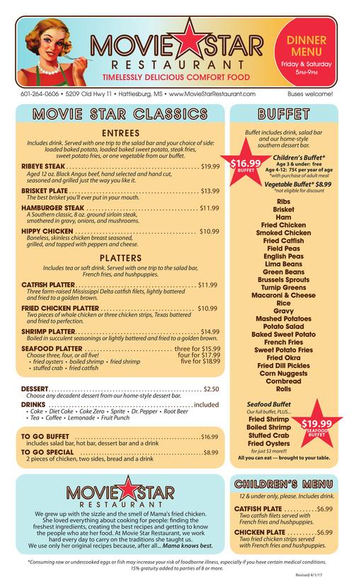 Movie Star Restaurant & Catering menu in Hattiesburg, Mississippi, USA