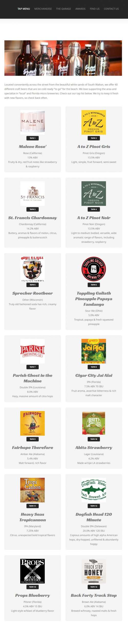 Growler Garage menu in Santa Rosa Beach, Florida, USA