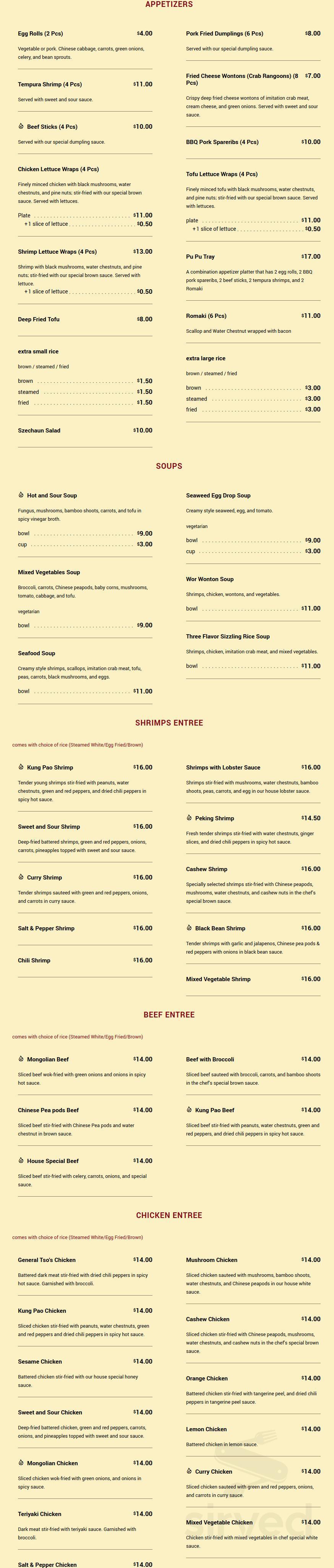 Menu - Sedona AZ's Szechuan Restaurant | Sirved