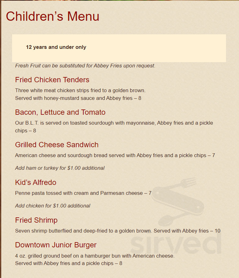 Freemason Abbey Restaurant menu in Norfolk, Virginia, USA