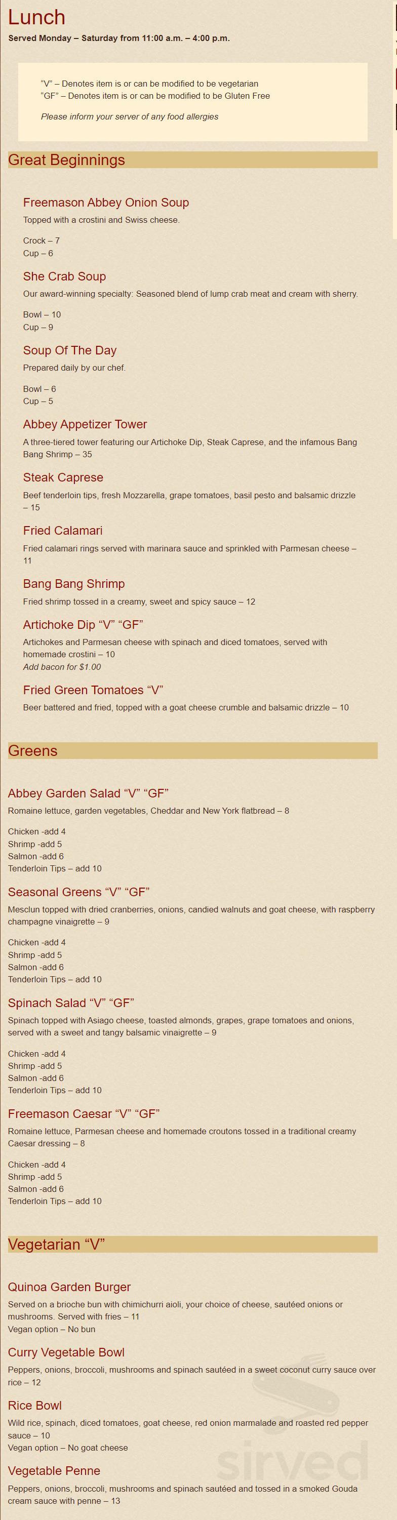 Freemason Abbey Restaurant menu in Norfolk, Virginia, USA