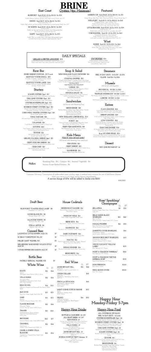 Brine menu in Washington, Washington D.C, USA