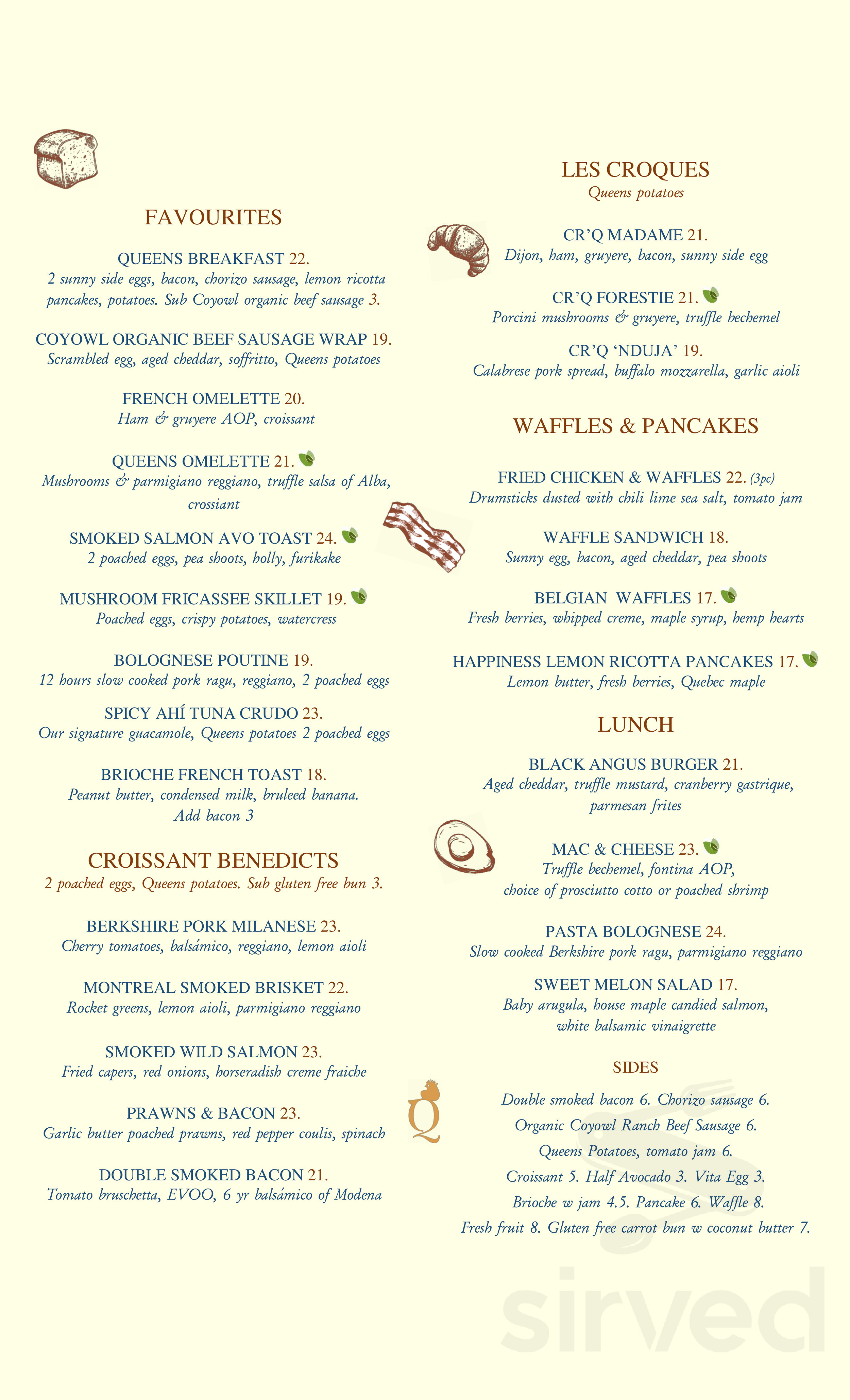 Queens Breakfast Cocktails menu in Calgary, Alberta, Canada